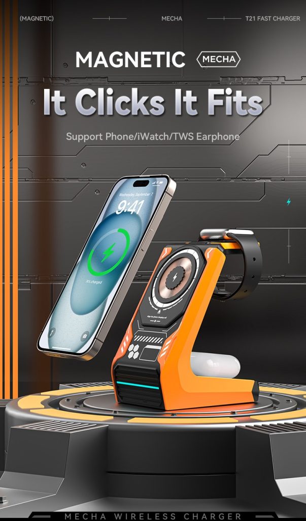 Magnetic 3 in1 mecha-style Magsafe mobile phone wireless charging stand ...
